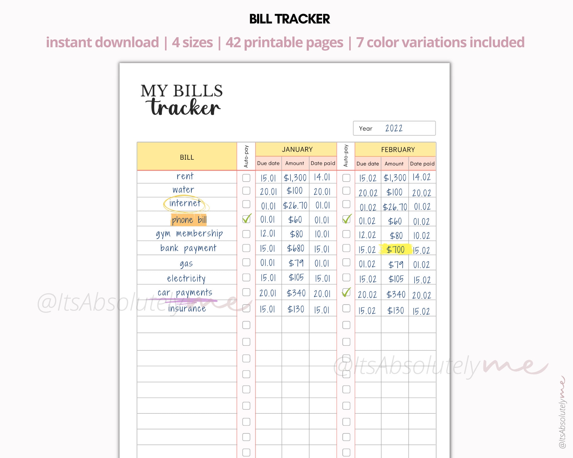 Bill Tracker Printable Monthly Bill Tracker Bill Tracker - Etsy