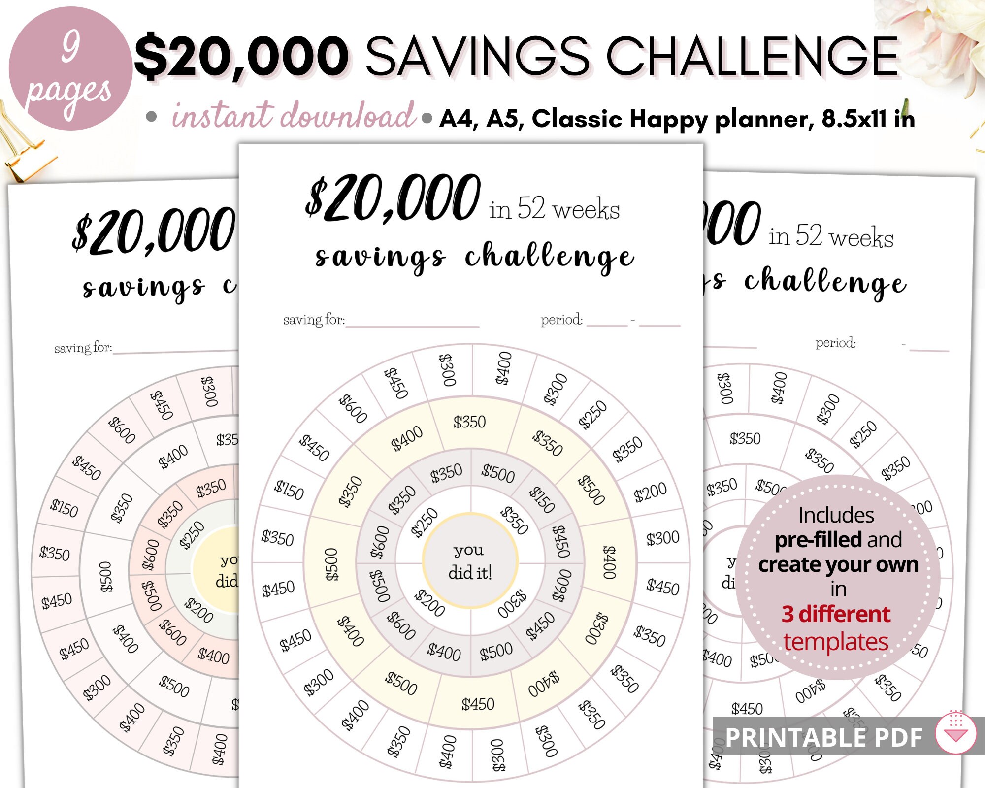 20K Savings Challenge, Savings Tracker, 20,000 Monthly Savings ...