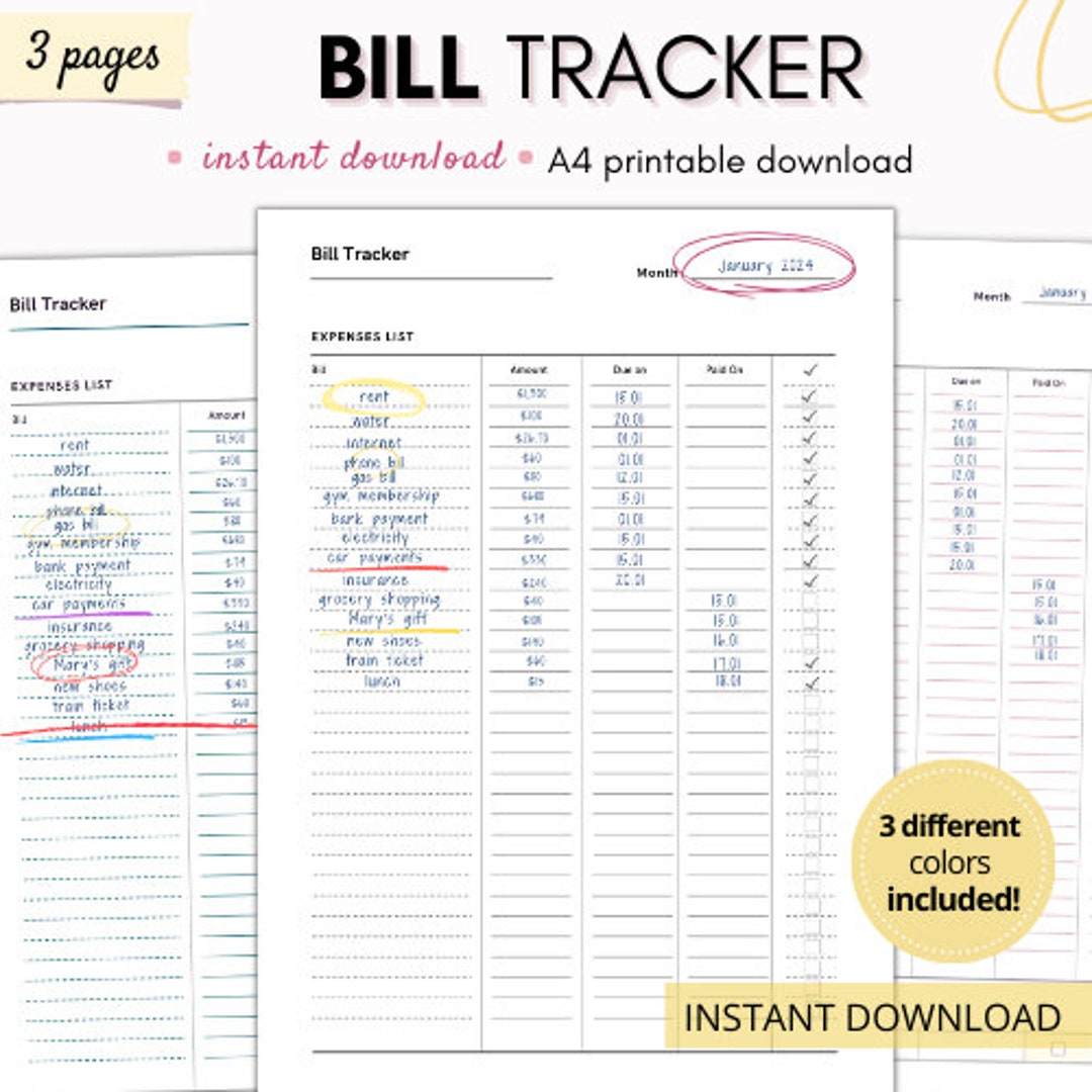 Bill Tracker, Bill Tracker Printable, Monthly Expense Tracker, Monthly ...
