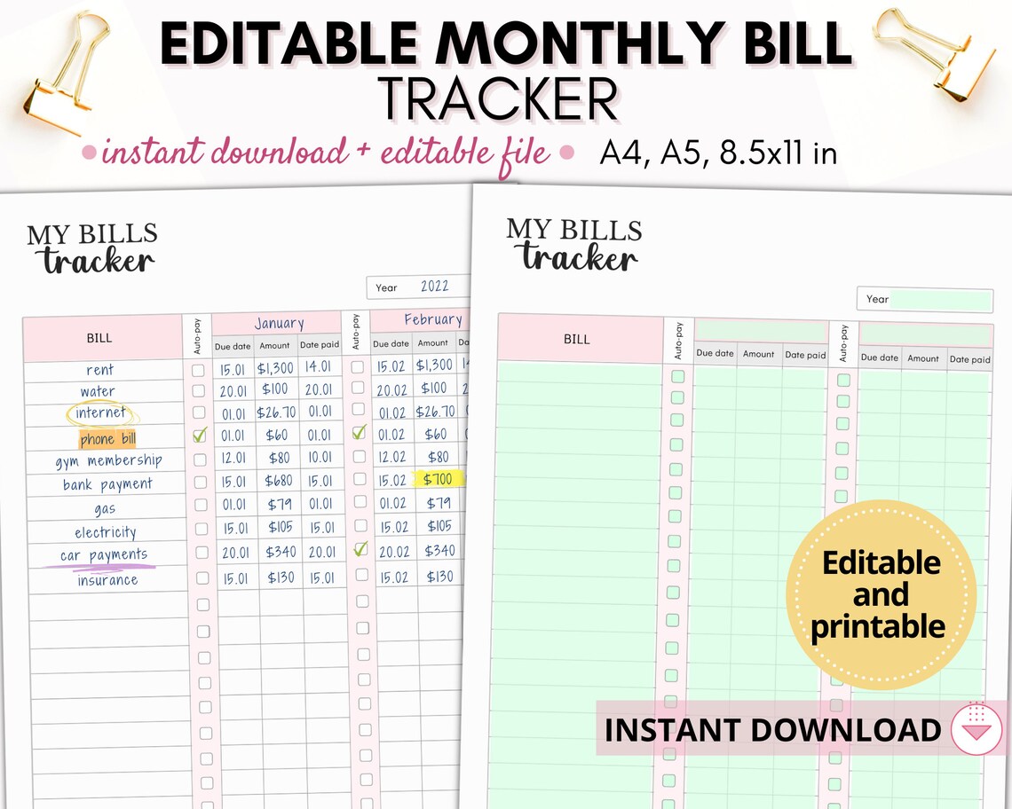 Editable Bill Tracker, Bill Tracker Printable, Monthly Bill Tracker ...