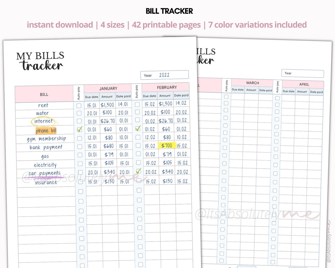 Bill Tracker Printable Monthly Bill Tracker Bill Tracker - Etsy
