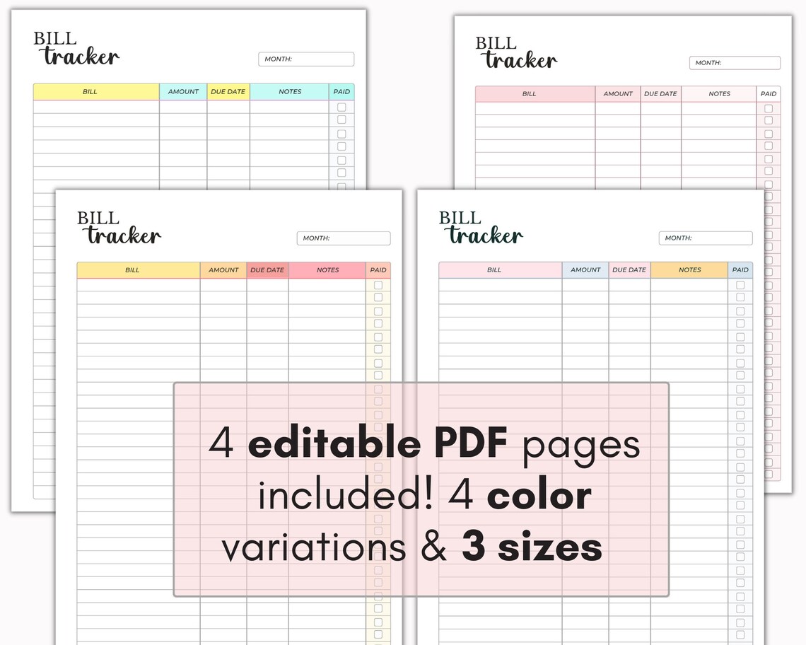 Editable Bill Tracker, Monthly Bill Tracker, Bill Organizer With ...