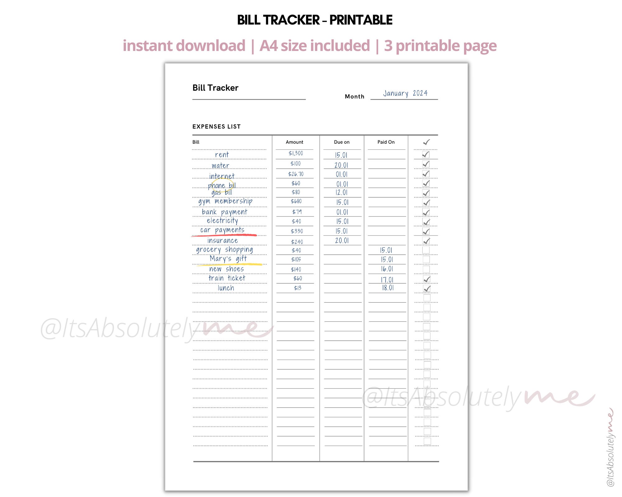 Bill Tracker, Bill Tracker Printable, Monthly Expense Tracker, Monthly ...