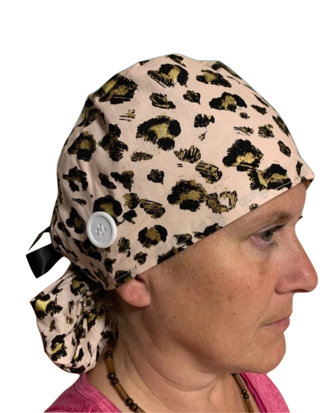 Leopard Pink Medical Hat Long Hair Nurse Ponytail Cap Ribbons Satin or ...