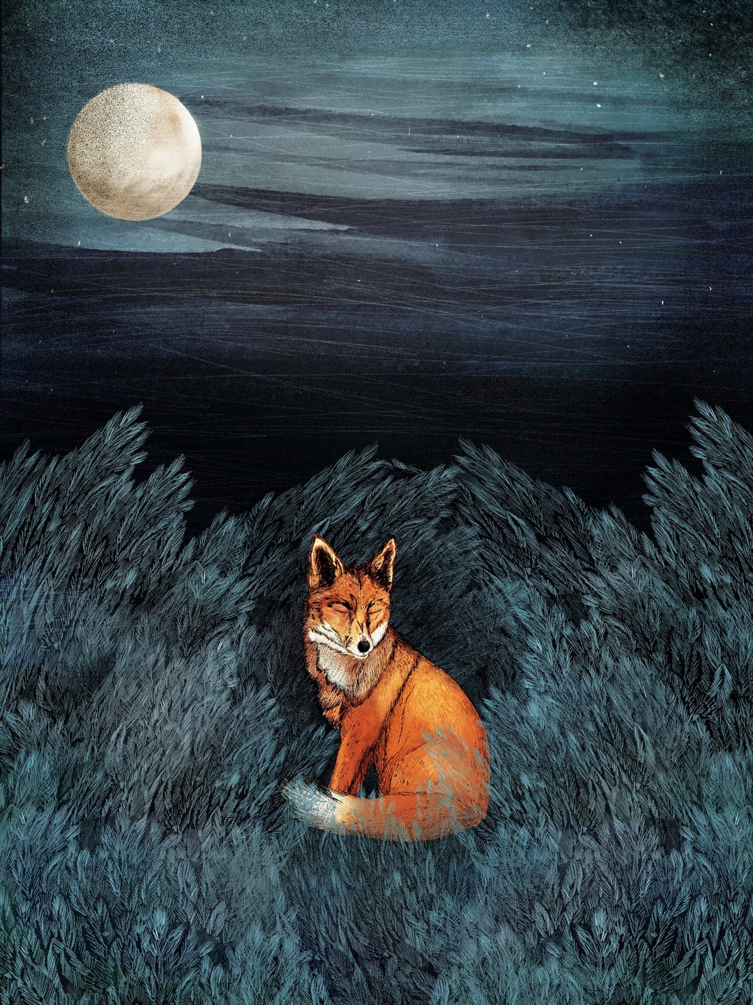 The Fox and Moon // A4 Art Print - Etsy