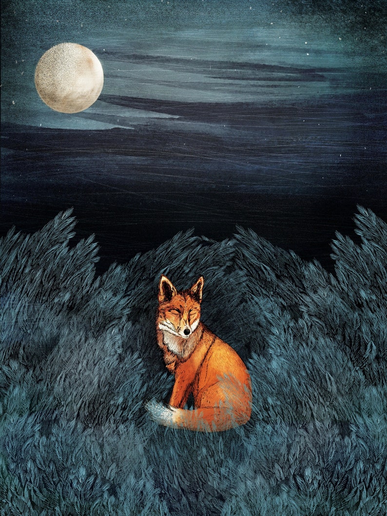 The Fox and Moon // A4 Art Print - Etsy