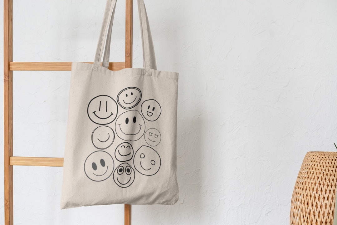 Smiles Canvas Tote Bag, Smiley Face Tote, Retro Tote, Reusable Tote ...