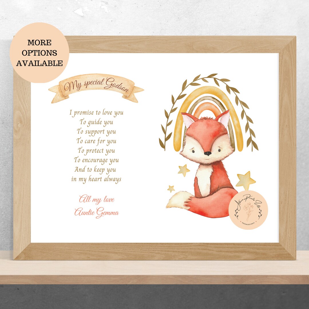 Personalised Godchild Print, Godchild Gift, Woodland Animal, Custom ...