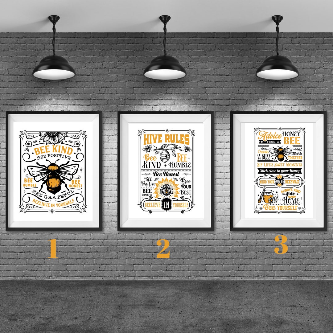 Bee Happy Print, Bee Print, Bumble Bee, Mustard/orange and Black Decor ...