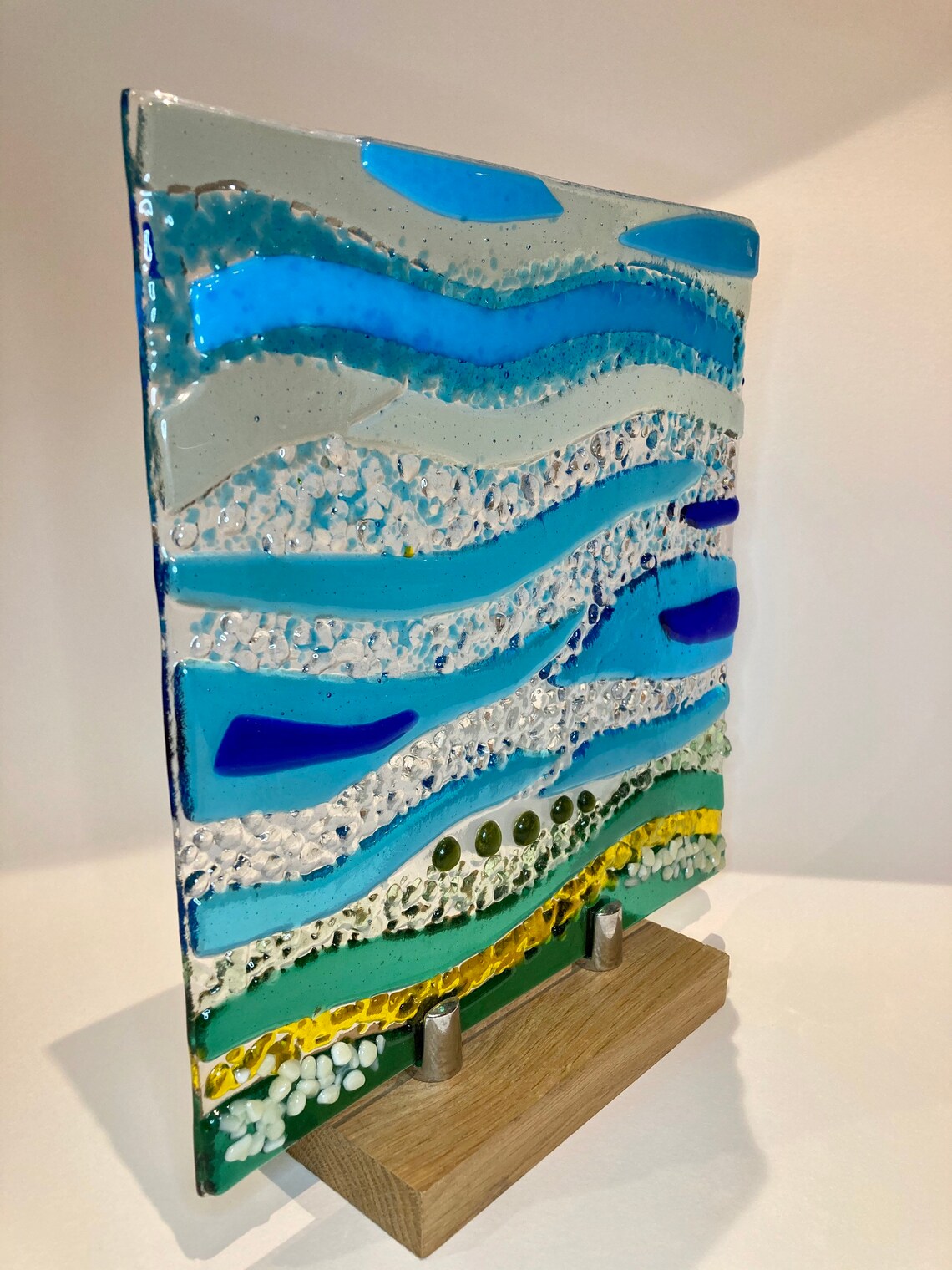Fused Glass Seascape and Coastal Piece Freestanding With Wooden Stand ...