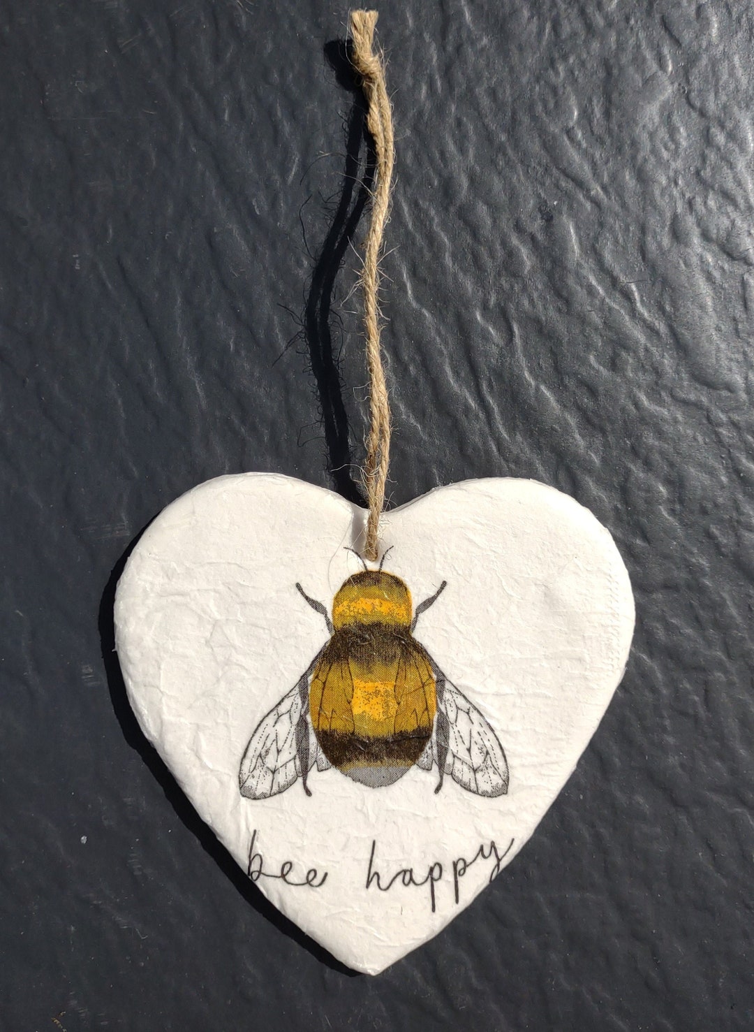 Bee Heart, Large Decoupage Bee Clay Heart, Decoupage Gift, Bee Happy ...