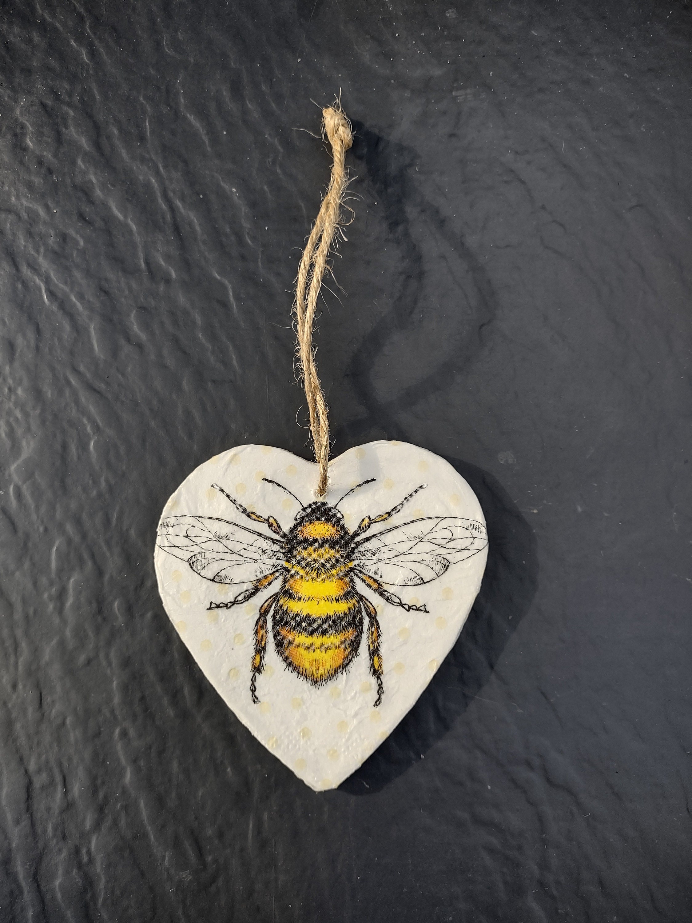 Bee Heart, Medium Decoupage Bee Clay Heart, Decoupage Gift, Rustic Bees ...