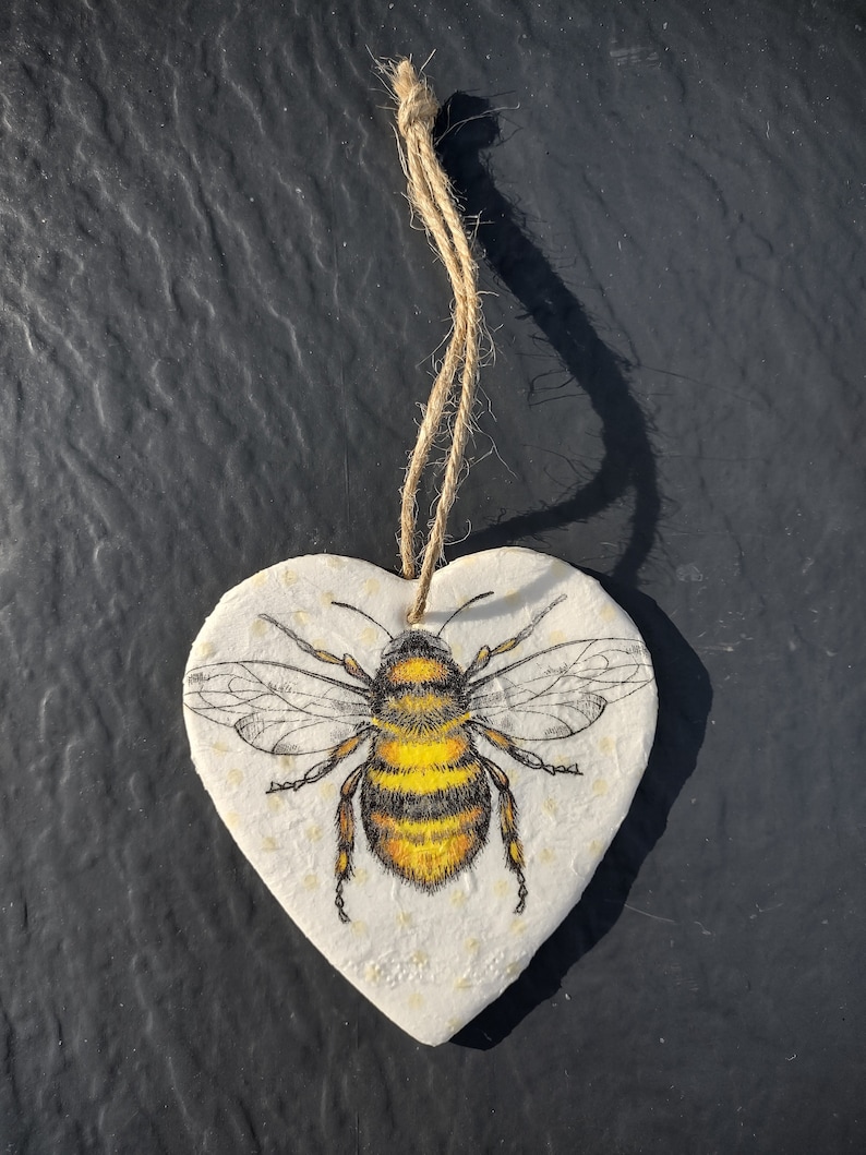 Bee Heart, Medium Decoupage Bee Clay Heart, Decoupage Gift, Rustic Bees ...