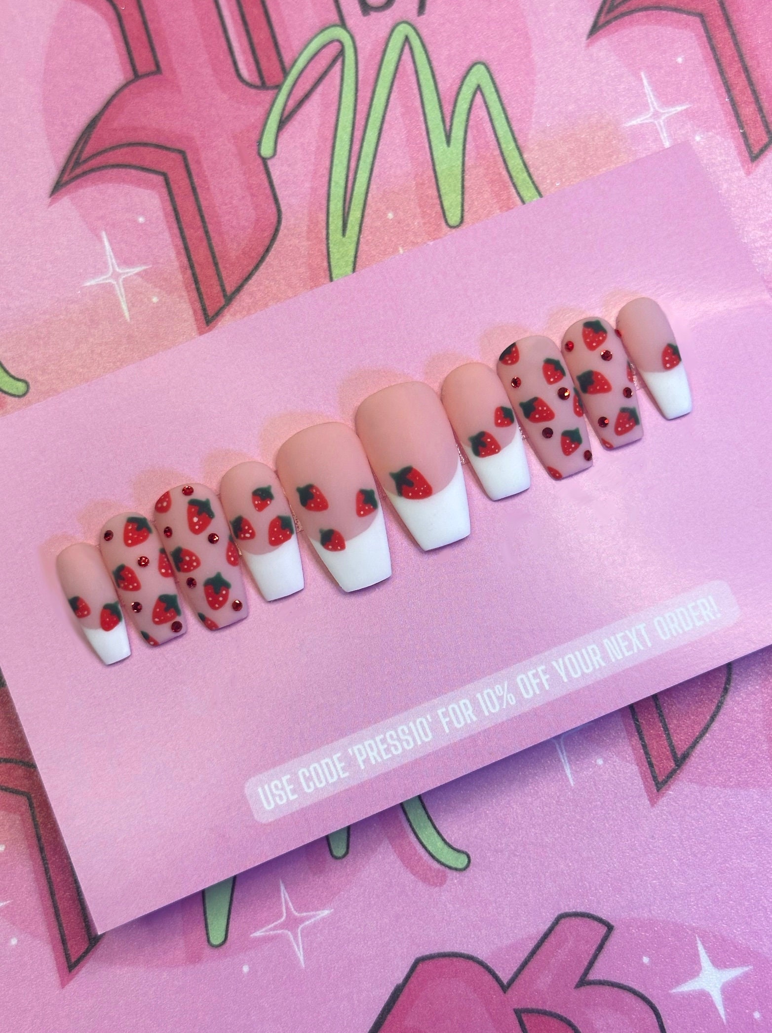STRAWBERRY CHEESECAKE Set | Luxury Press on Nails | Handpainted Nails ...