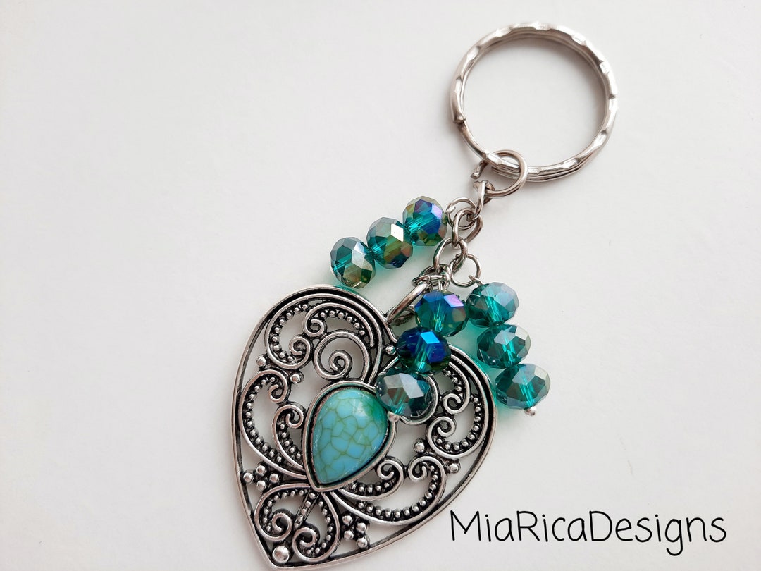 Turquoise Filigree Silver Heart and Crystal Rondelle Beads Keyring ...