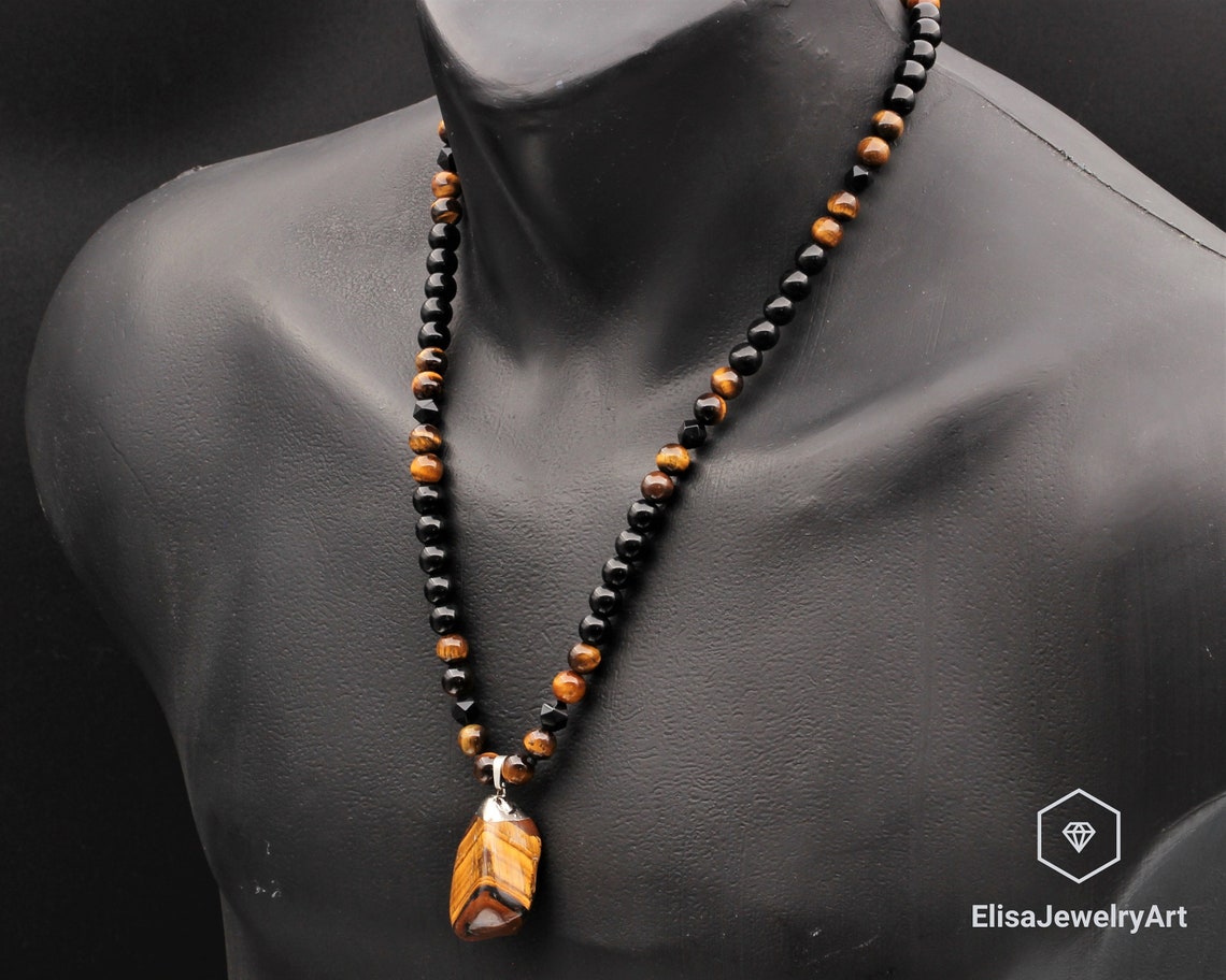 Men's Protection Necklace Big Raw Tiger Eye Pendant Beads - Etsy