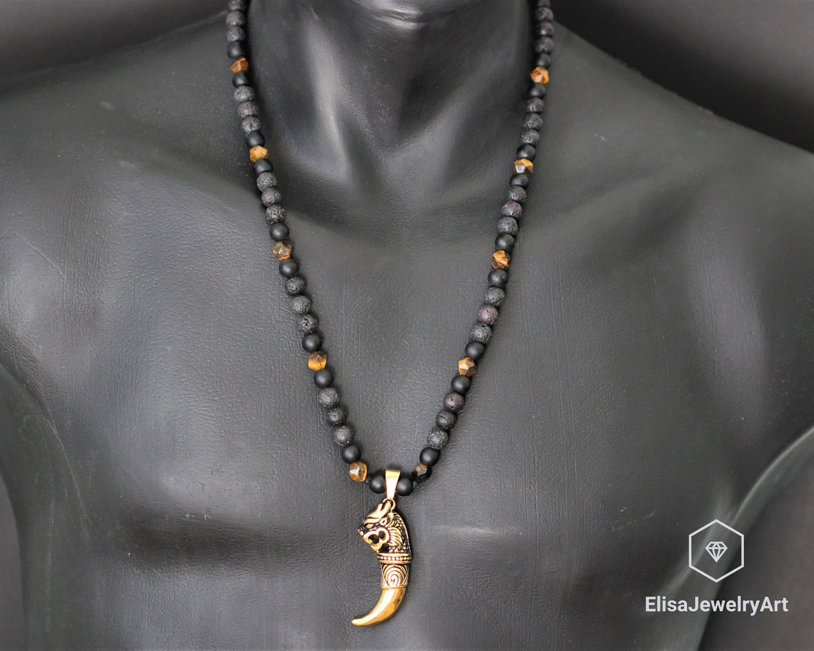 Tiger Tooth Necklace Men's Natural Tiger Eye Beads Necklace Onyx Lava ...