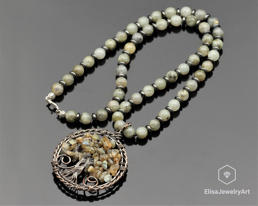 Crystal Big Tree of Life Labradorite Pendant Beaded Crystal Clasp Long ...