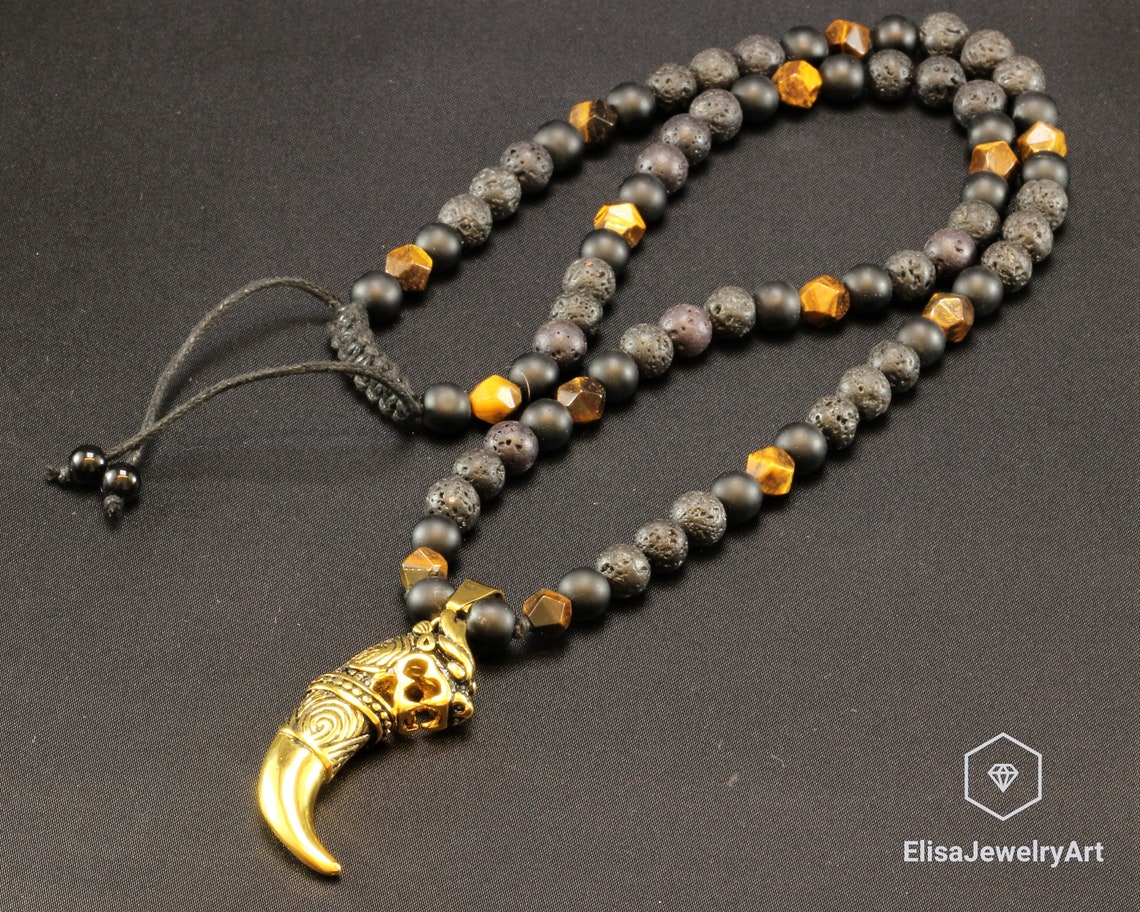 Tiger Tooth Necklace Men's Natural Tiger Eye Beads Necklace Onyx Lava ...