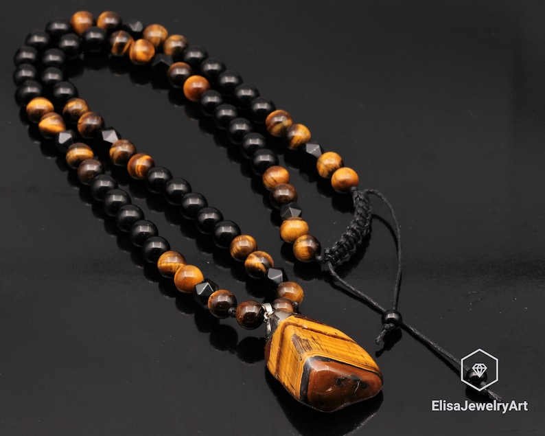 Men's Protection Necklace Big Raw Tiger Eye Pendant Beads Necklace ...