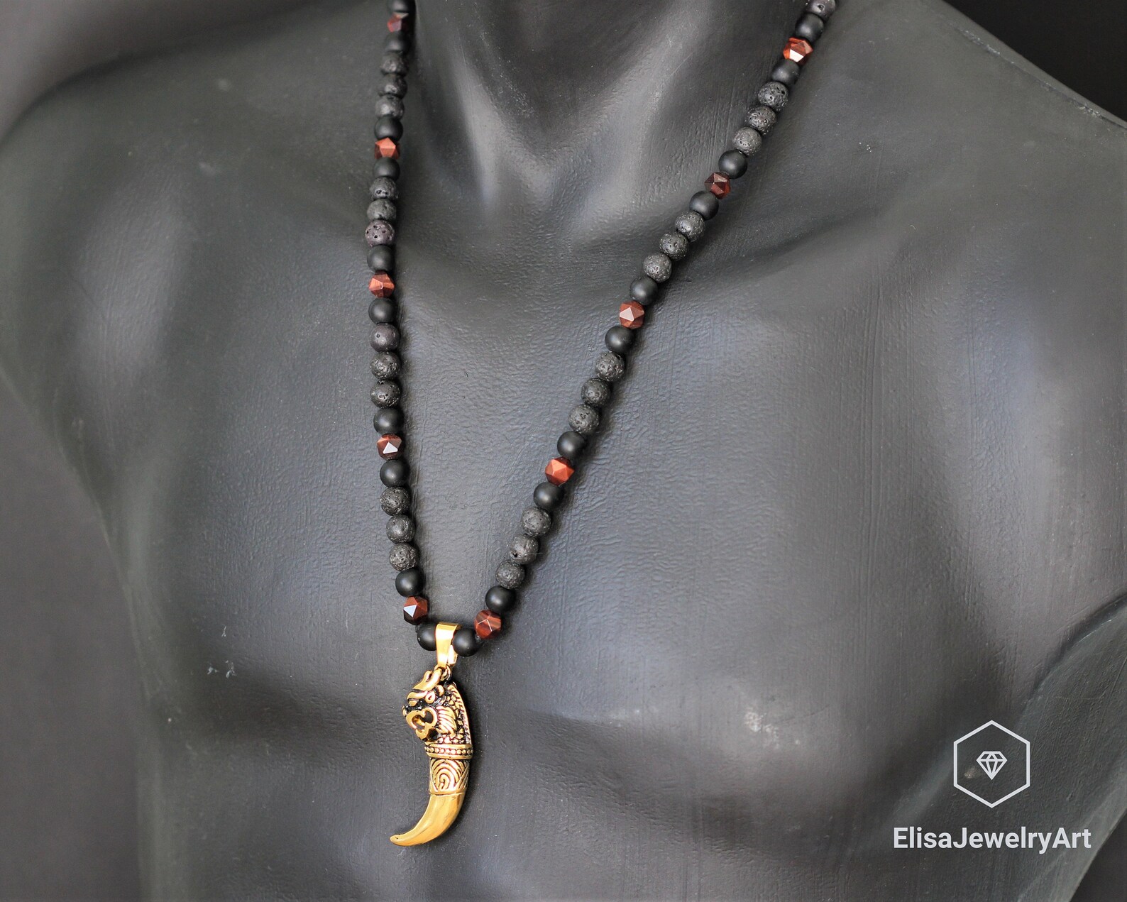Tiger Tooth Necklace Men's Natural Red Tiger Eye Beads - Etsy