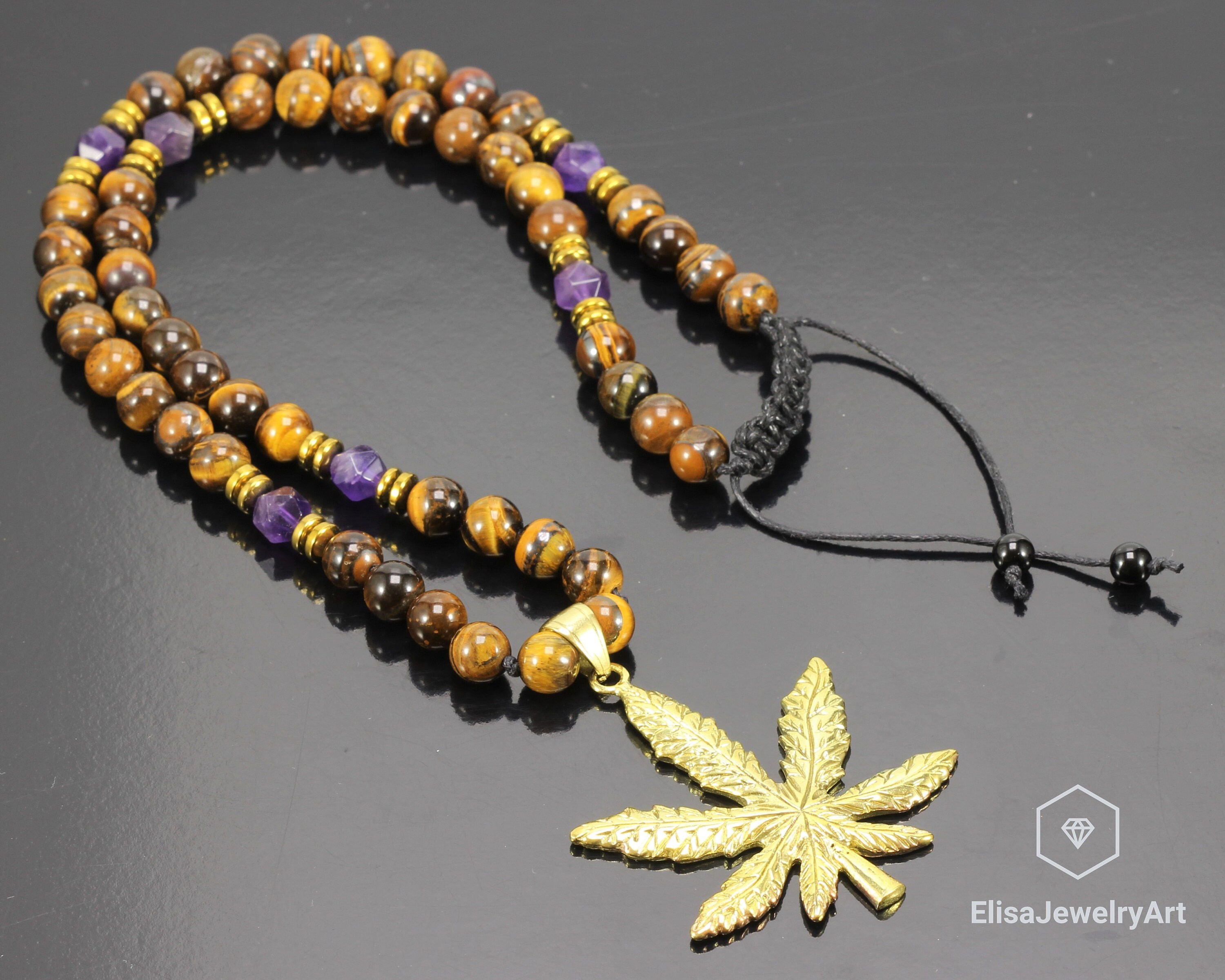 Marijuana Leaf Necklace Natural Tiger Eye Amethyst Beads | Etsy