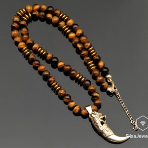 Tiger Tooth Pendant Necklace Natural Tiger Eye Hematite Beaded ...