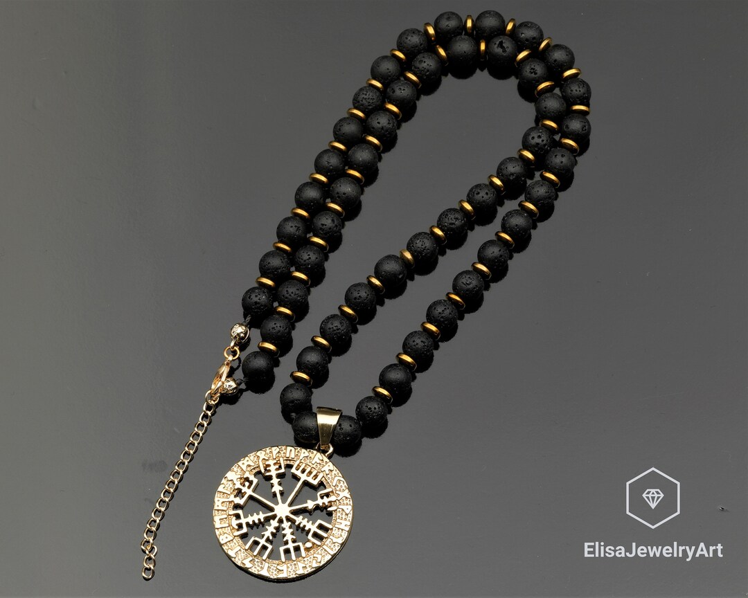 Viking Compass Coin Pendant Necklace Black Lava Hematite Beaded ...