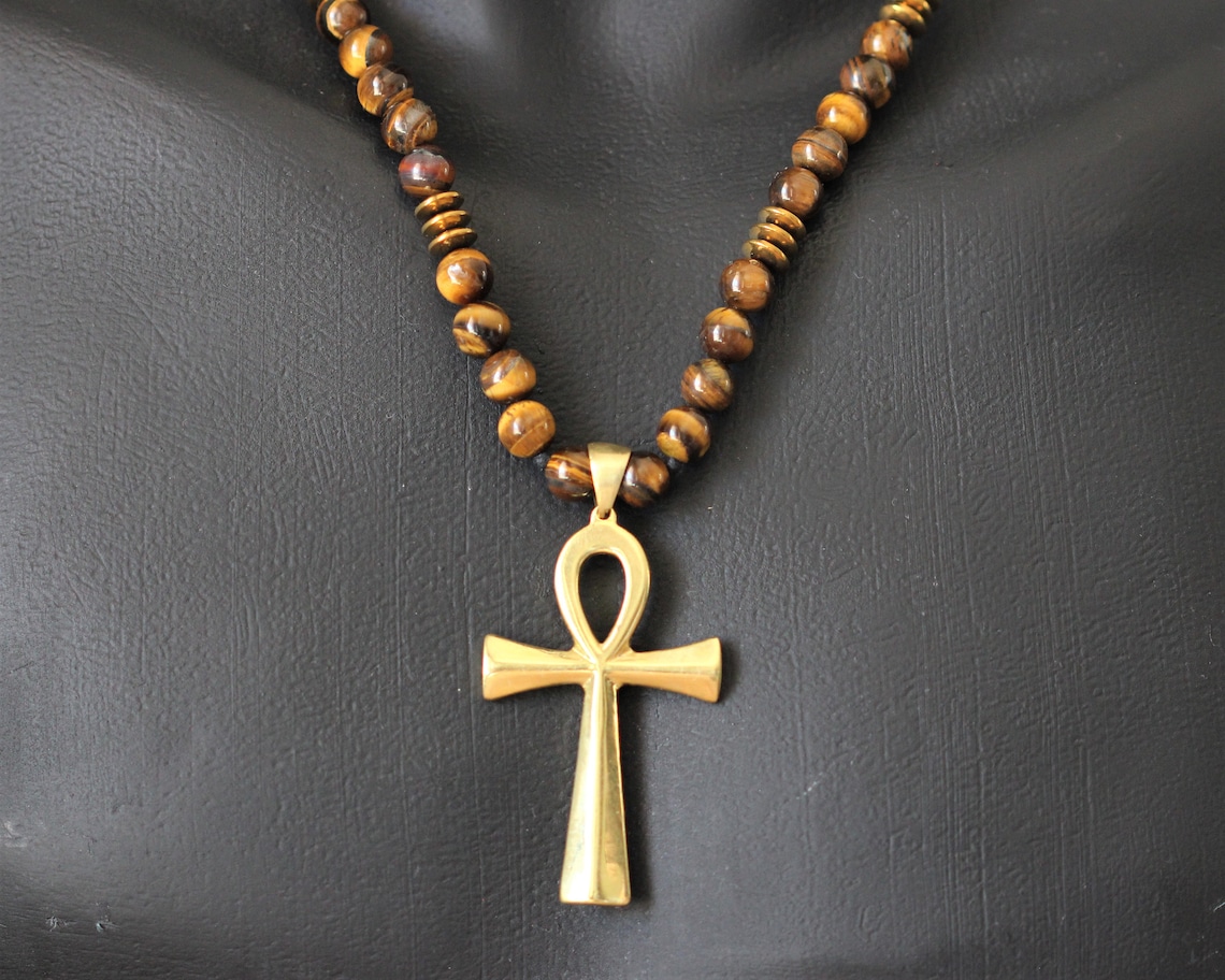Gold Color Ankh Cross Necklace Natural Tiger Eye Protection | Etsy