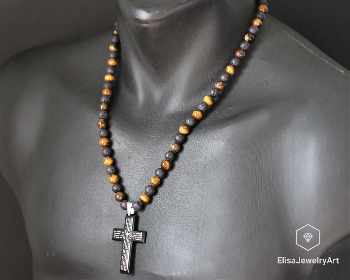 Cross Necklace & Natural Tiger Eye Black Lava Gemstone Protection ...