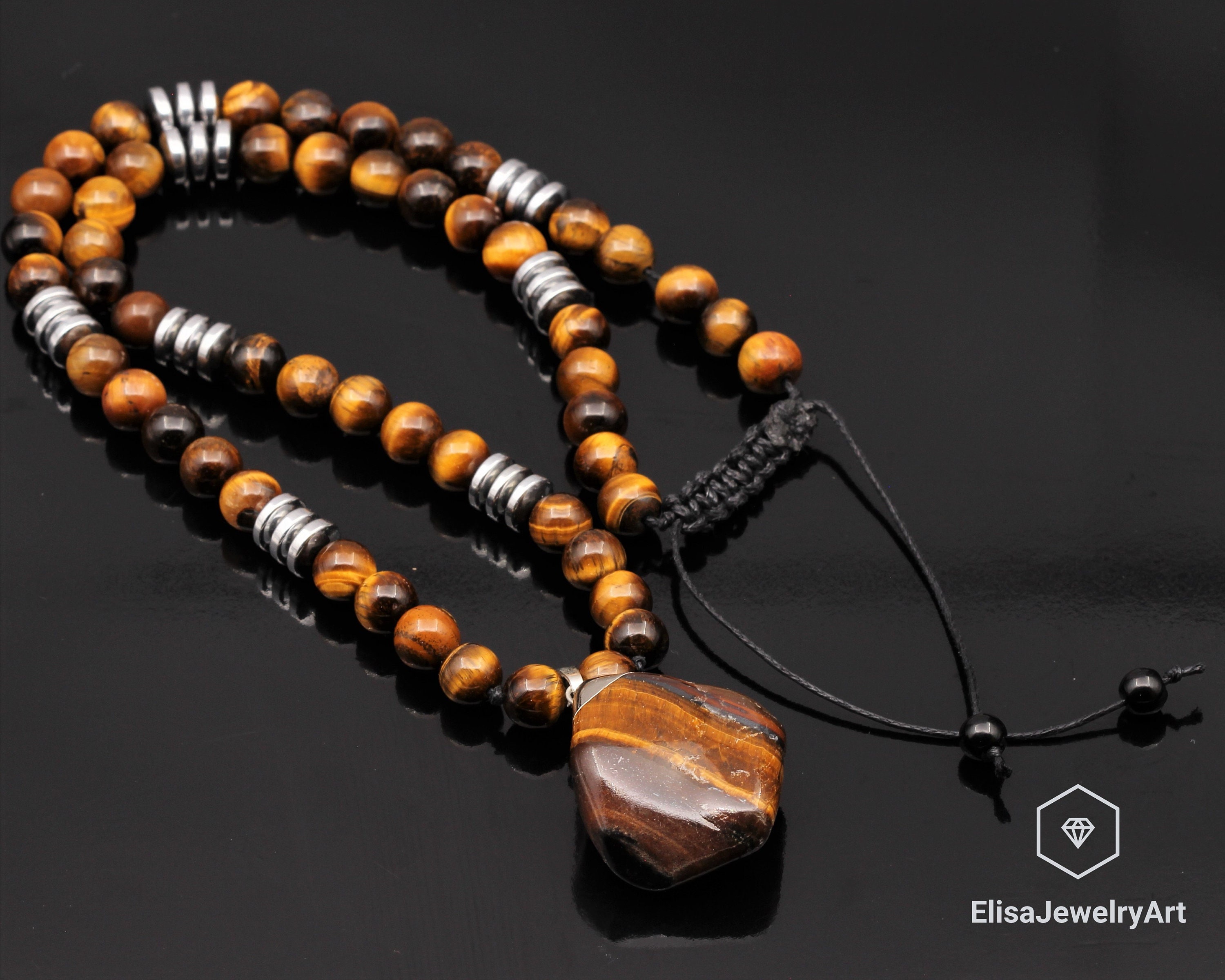 Men's Protection Necklace Natural Raw Tiger Eye Beads Necklace Beaded ...