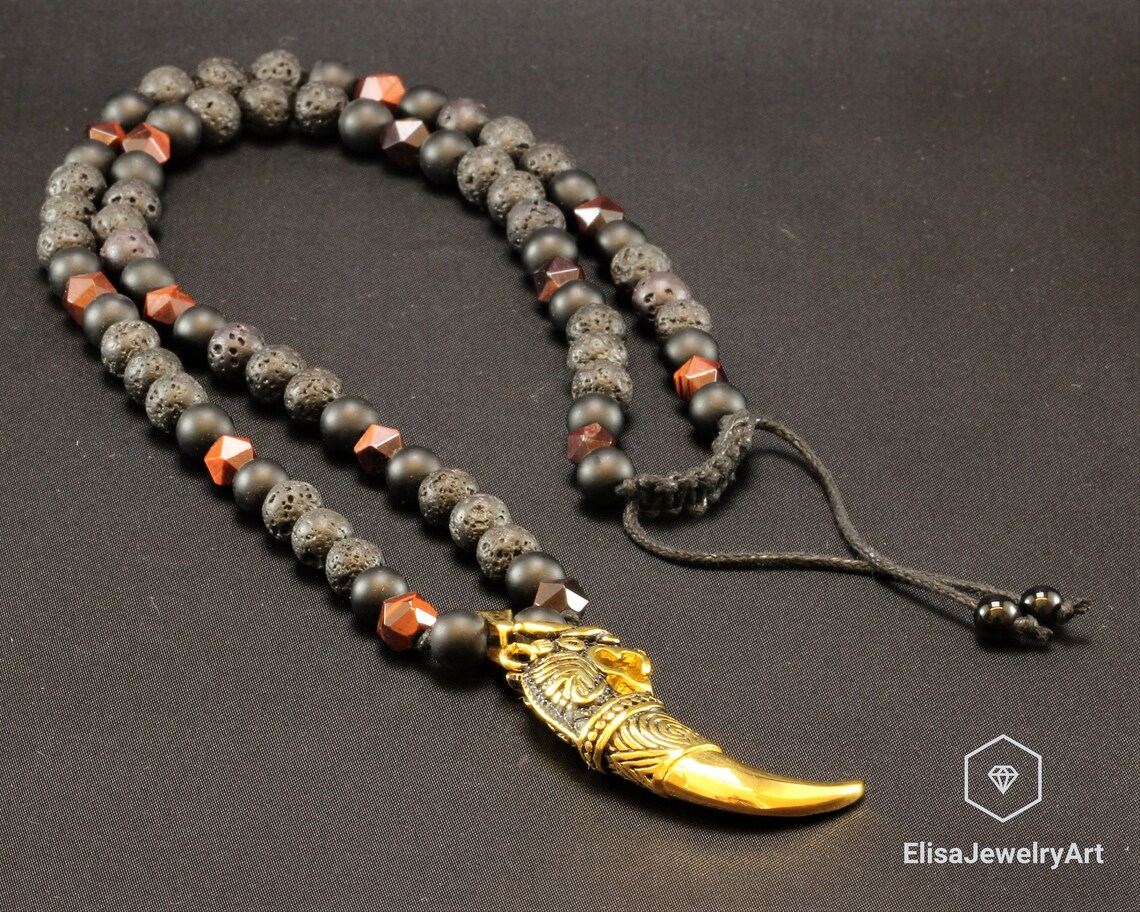 Tiger Tooth Necklace Men's Natural Red Tiger Eye Beads - Etsy