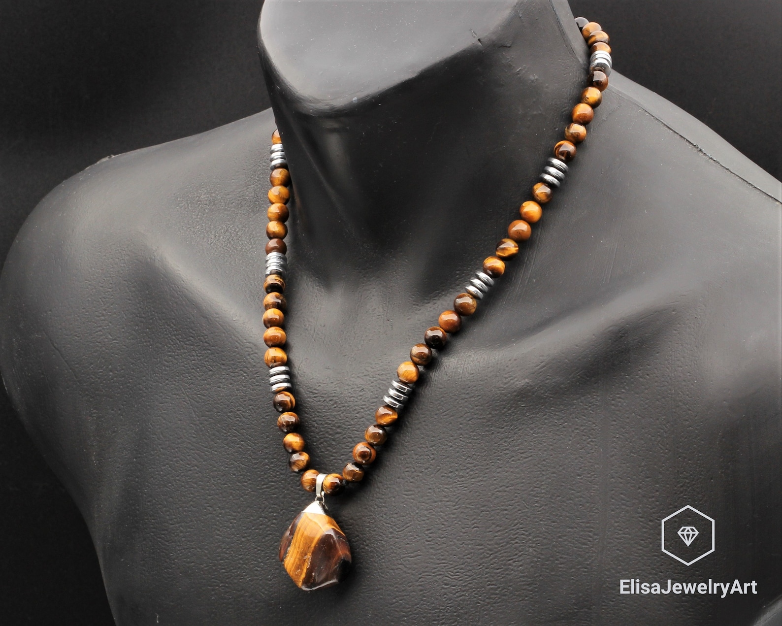 Men's Protection Necklace Natural Raw Tiger Eye Beads Necklace Beaded ...