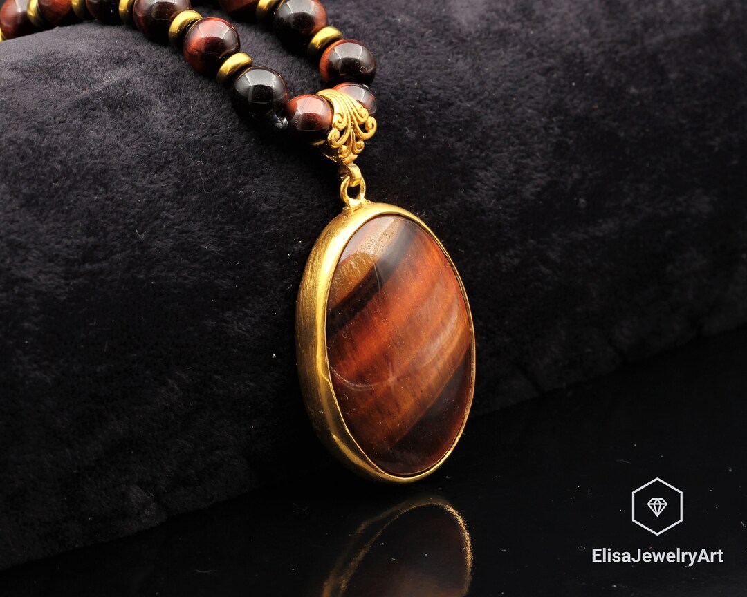 24K Gold Plated 925 Sterling Silver Red Tiger Eye Pendant Necklace ...