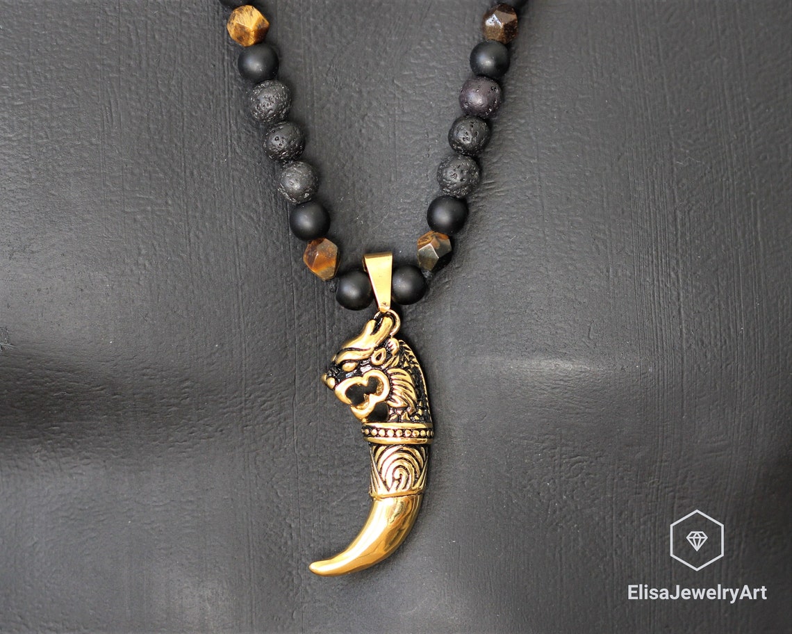 Tiger Tooth Necklace Men's Natural Tiger Eye Beads Necklace Onyx Lava ...