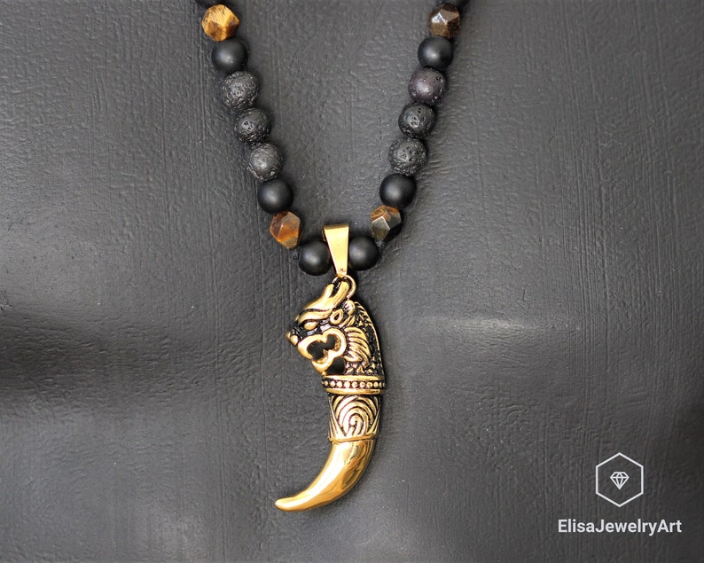 Tiger Tooth Necklace Men's Natural Tiger Eye Beads Necklace Onyx Lava ...