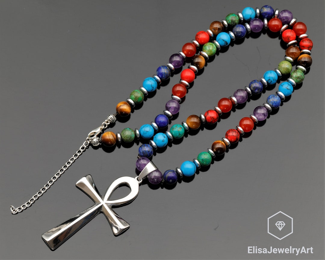 Ankh Cross Pendant Beaded Necklace, Natural 7 Chakra Beads, Macrame ...
