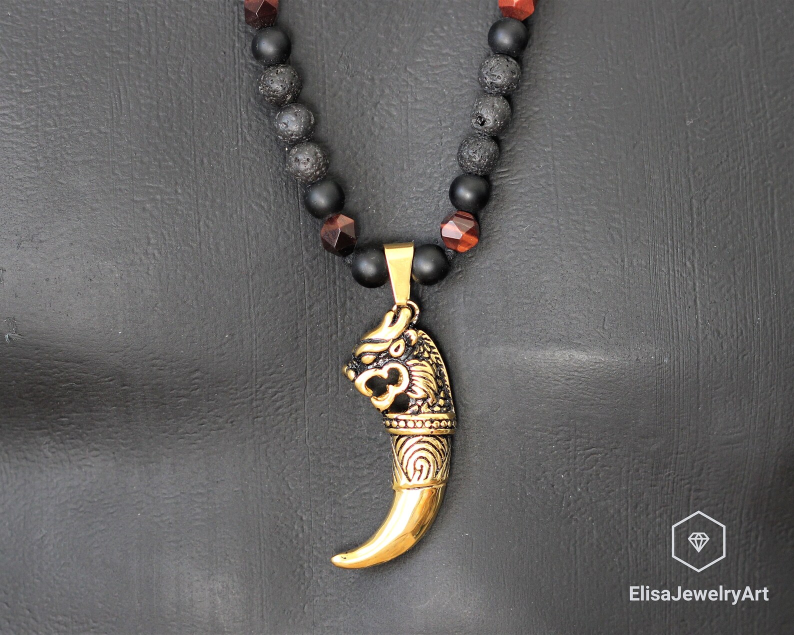 Tiger Tooth Necklace Men's Natural Red Tiger Eye Beads - Etsy