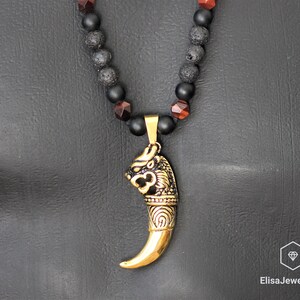 Tiger Tooth Necklace Men's Natural Red Tiger Eye Beads Necklace Onyx ...
