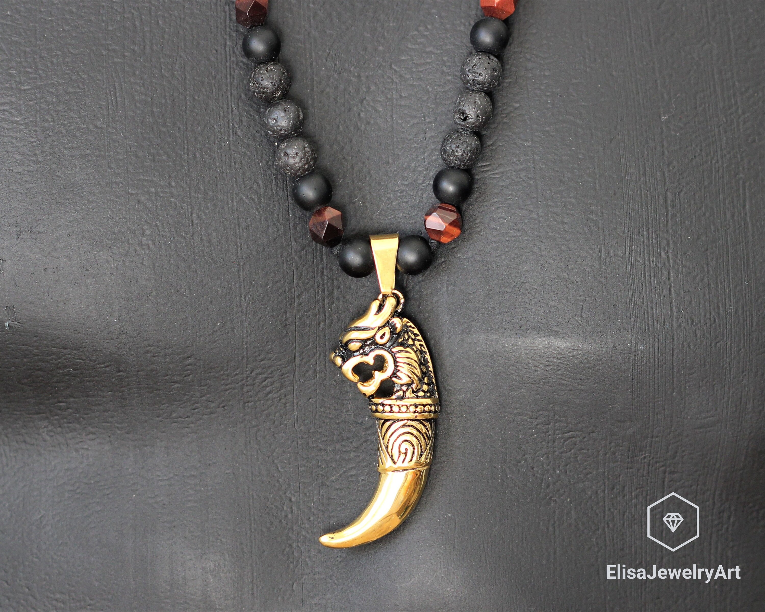 Tiger Tooth Necklace Men's Natural Red Tiger Eye Beads - Etsy