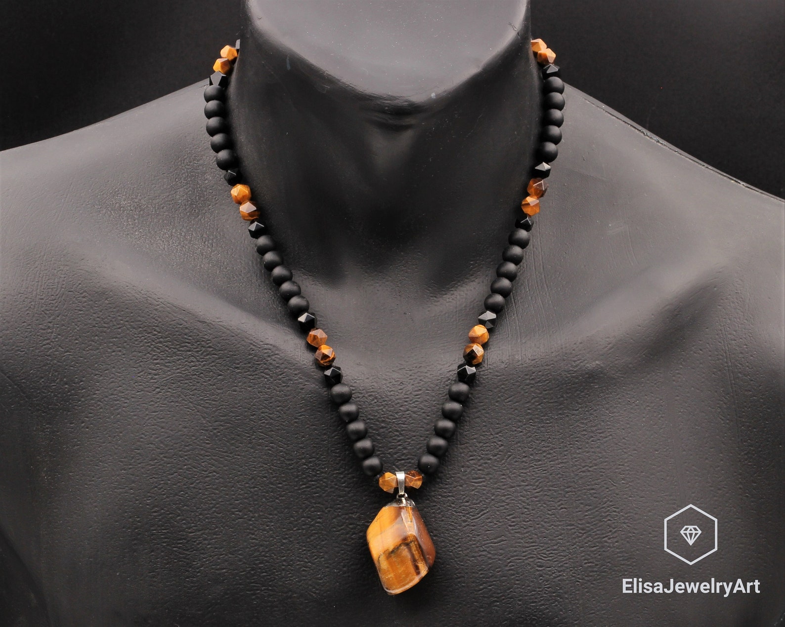 Men's Protection Necklace Big Raw Tiger Eye Pendant Beads Necklace ...