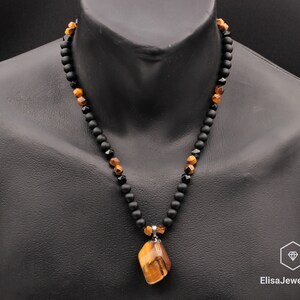 Men's Protection Necklace Big Raw Tiger Eye Pendant Beads Necklace ...