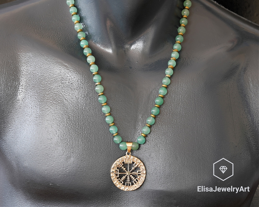 Viking Compass Coin Pendant Necklace Natural Green Aventurine Beaded ...