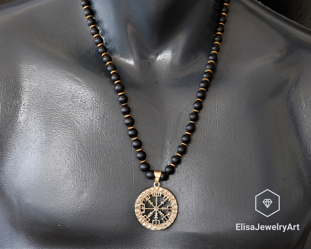 Viking Compass Coin Pendant Necklace Black Onyx Hematite Beaded ...