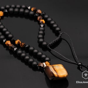 Men's Protection Necklace Big Raw Tiger Eye Pendant Beads Necklace ...