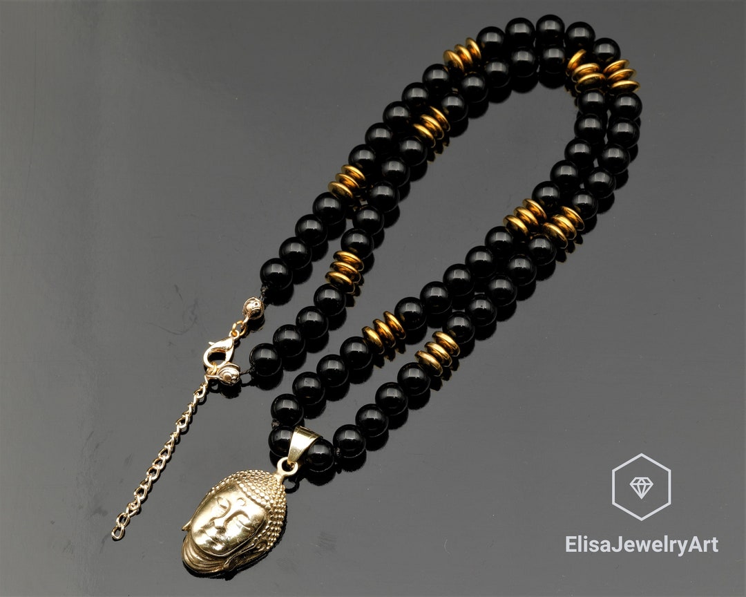 Buddha Pendant Necklace Natural Black Onyx Hematite Beaded Birthstone ...