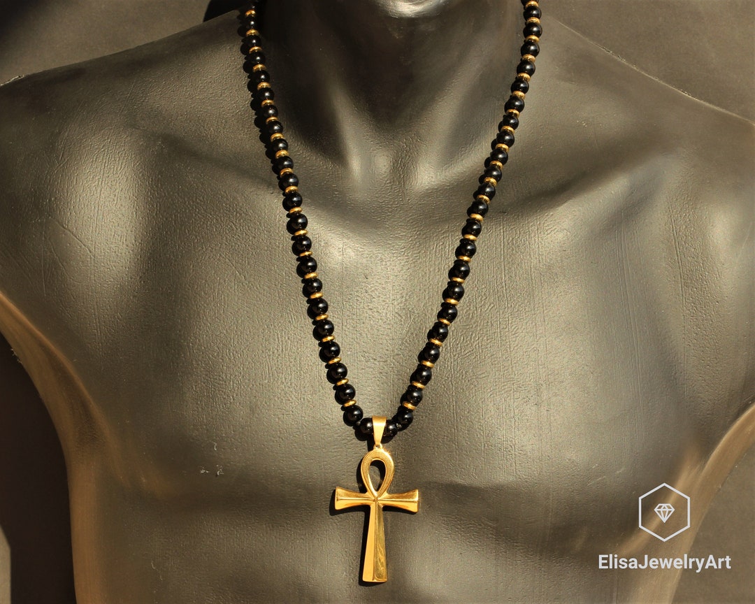 Ankh Cross & Natural Black Onyx Gemstone Protection Beaded Long Macrame ...