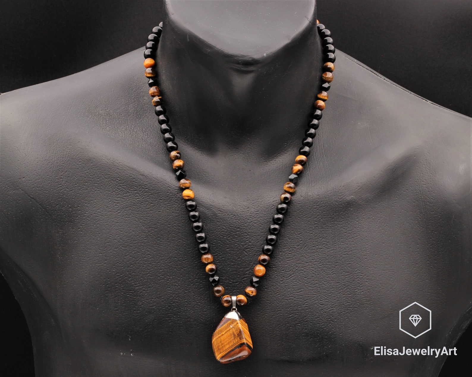 Men's Protection Necklace Big Raw Tiger Eye Pendant Beads Necklace ...
