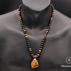 Men's Protection Necklace Big Raw Tiger Eye Pendant Beads Necklace ...
