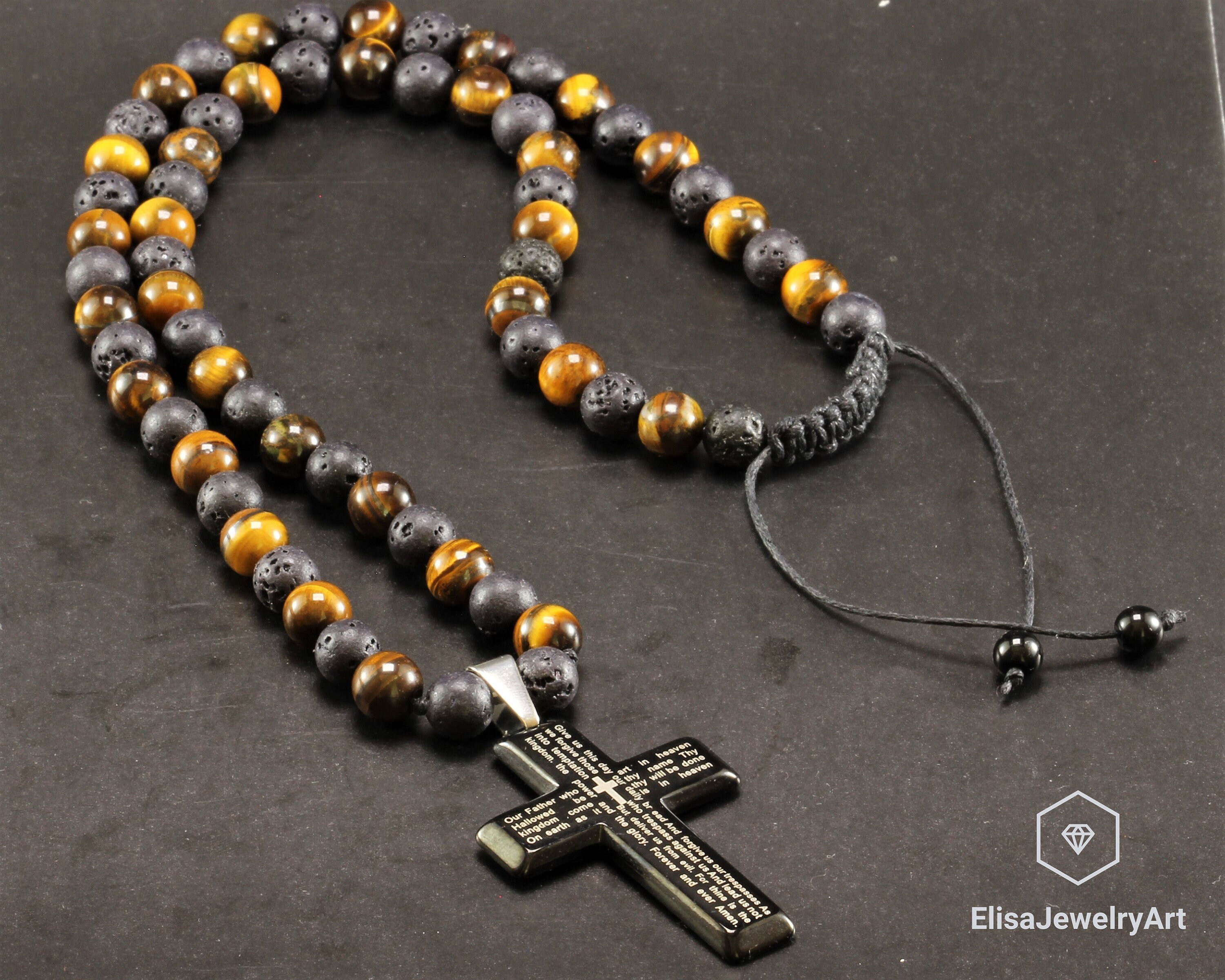Cross Necklace & Natural Tiger Eye Black Lava Gemstone Protection ...
